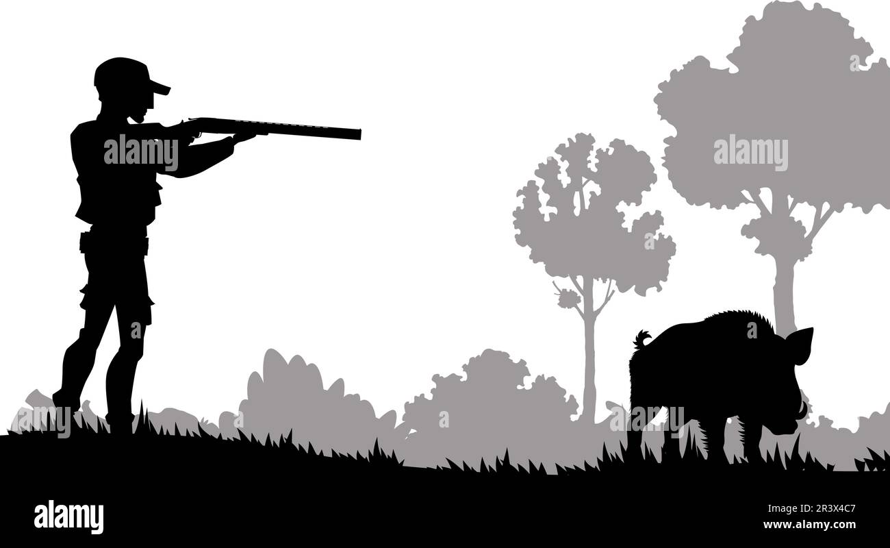 Silhouette de chasse. Hunter avec fusil de chasse et sanglier sur forêt ...