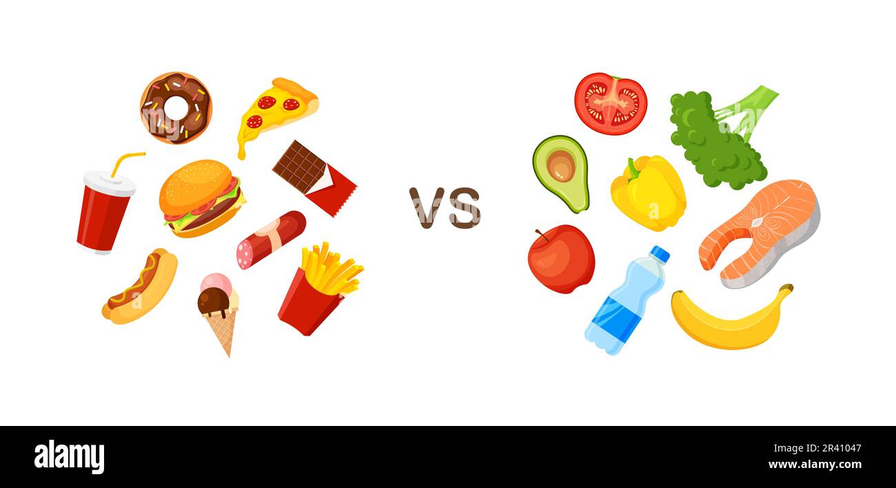 Choisissez entre des aliments sains et malsains. Menu fastfood vs produits équilibrés. Fruits ...