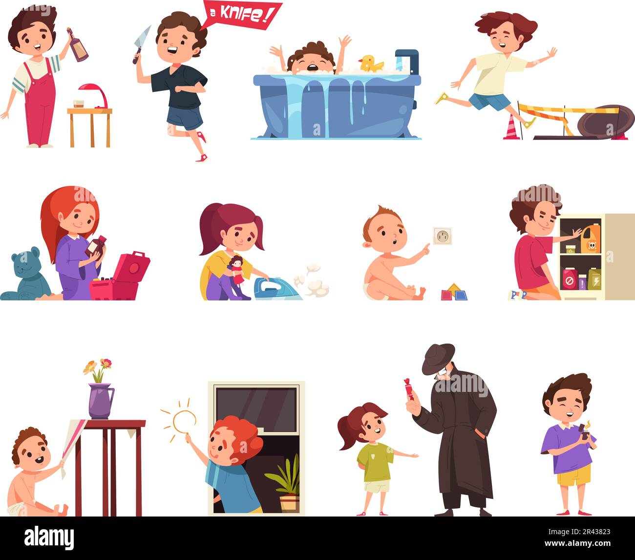 Enfants danger caricatures icônes ensemble avec des enfants dans des ...