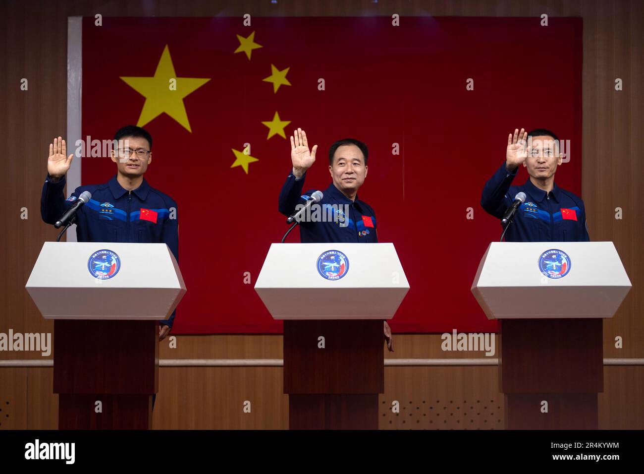 Chinese astronauts for the upcoming Shenzhou-16 mission, from left, Gui ...