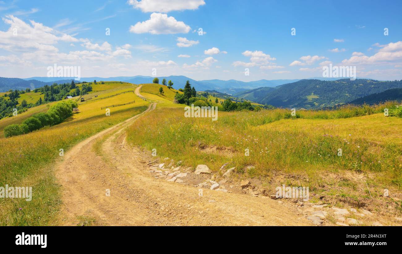 route de campagne en bas des collines et prairies herbeuses roulant ...