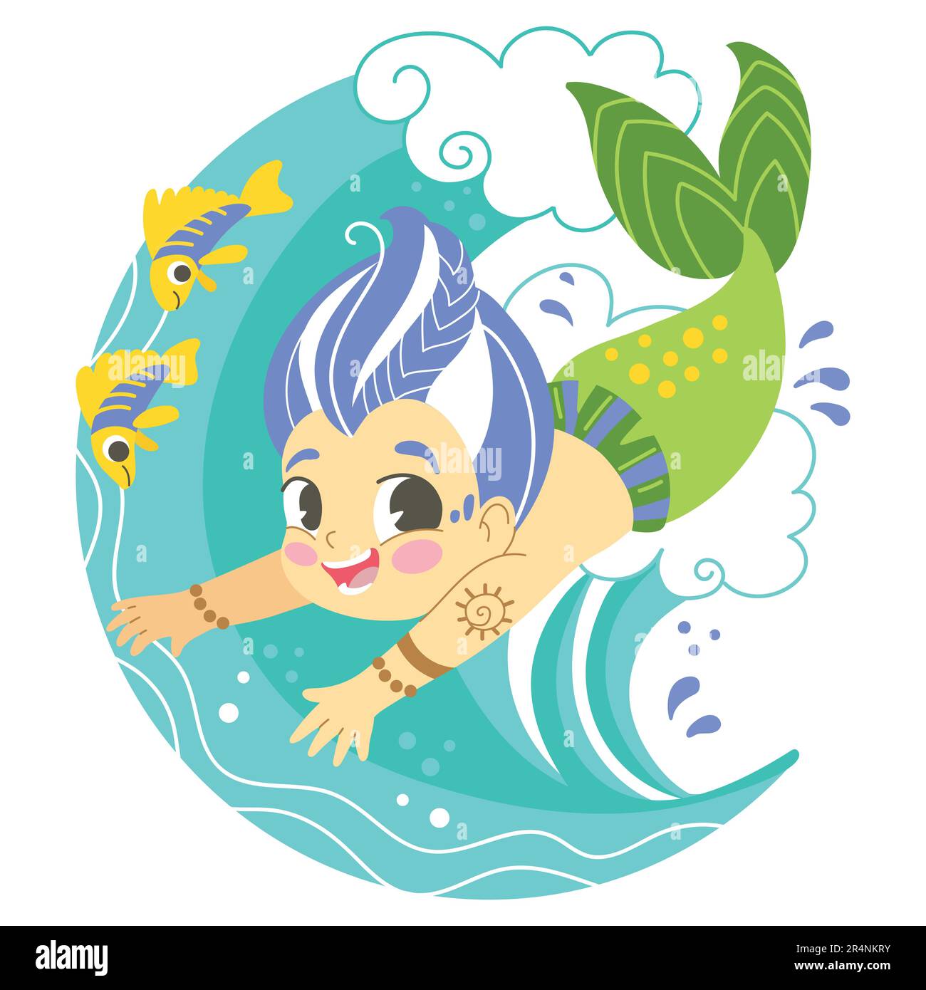 Mignon dessin animé sirène garçon sautant sur une vague. Illustration ...