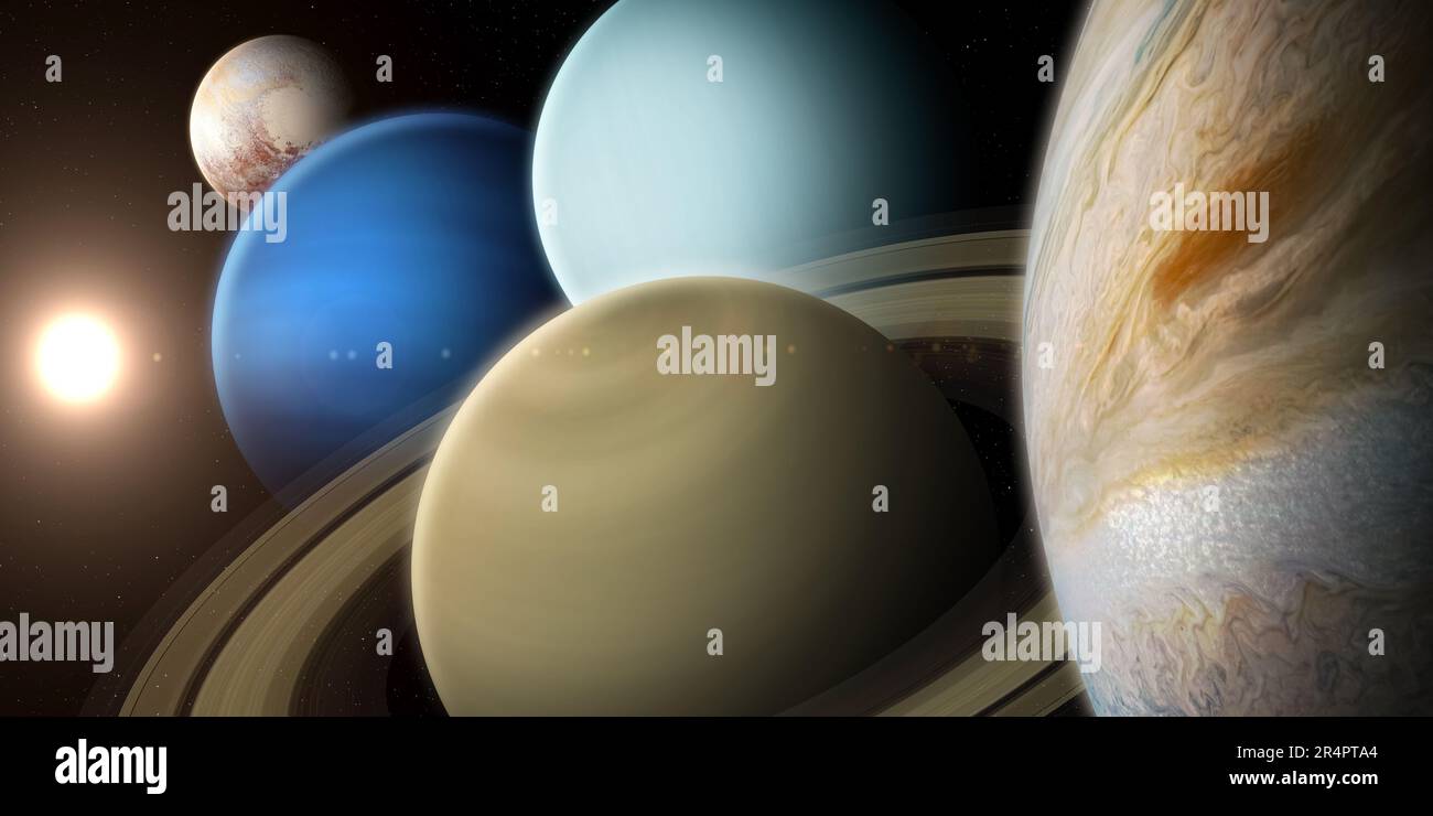 Belle vue des planètes Saturne, Jupiter, Uranus, Neptune, Pluton et ...