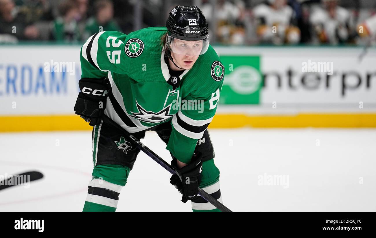 Dallas Stars left wing Joel Kiviranta participates in a face-off during ...