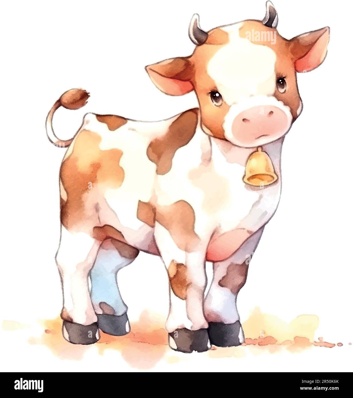 Aquarelle de vache tendre couleurs chaudes, apaisement, pâturage, blanc ...