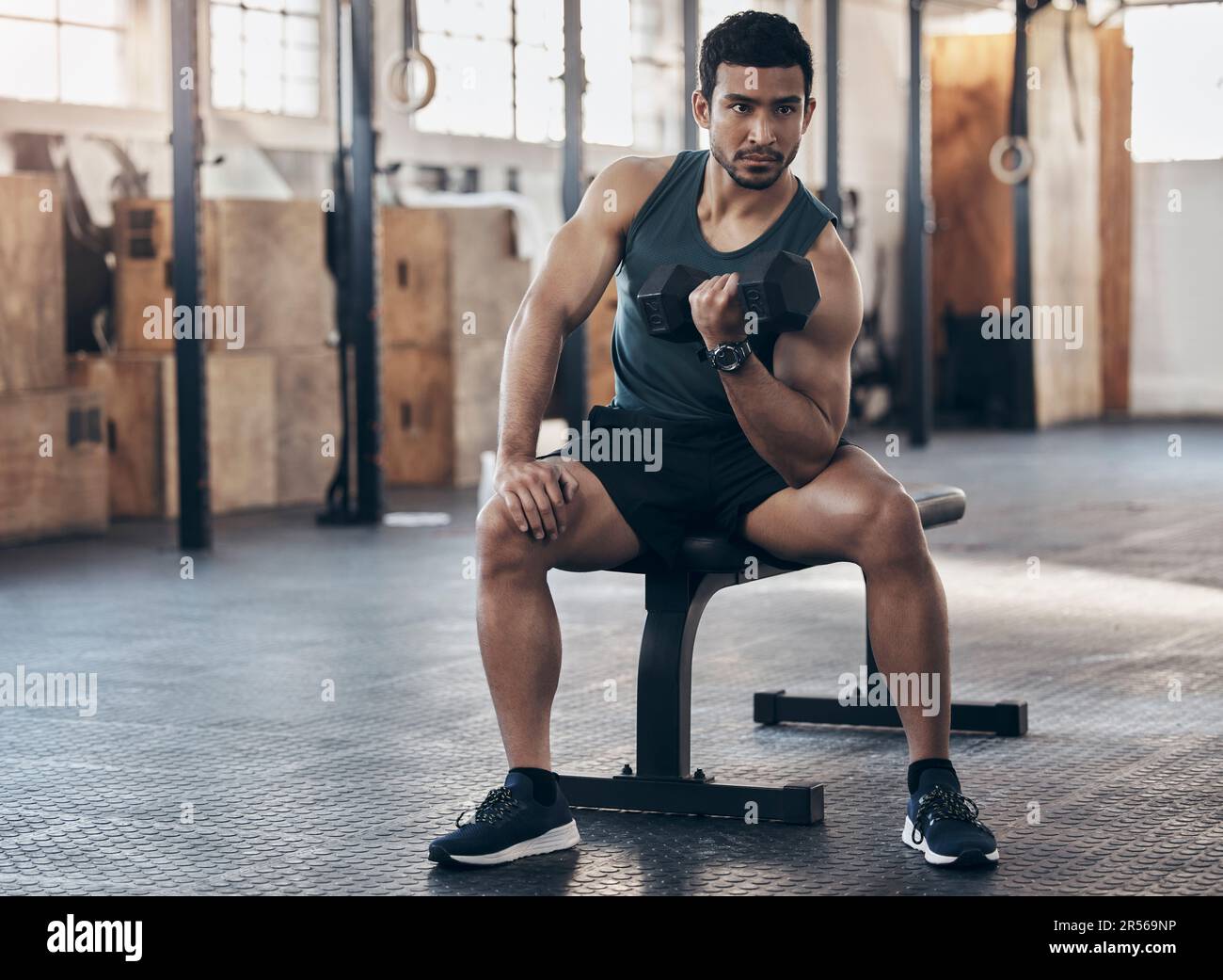 Fitness, haltères et homme faisant une séance de musculation dans la ...