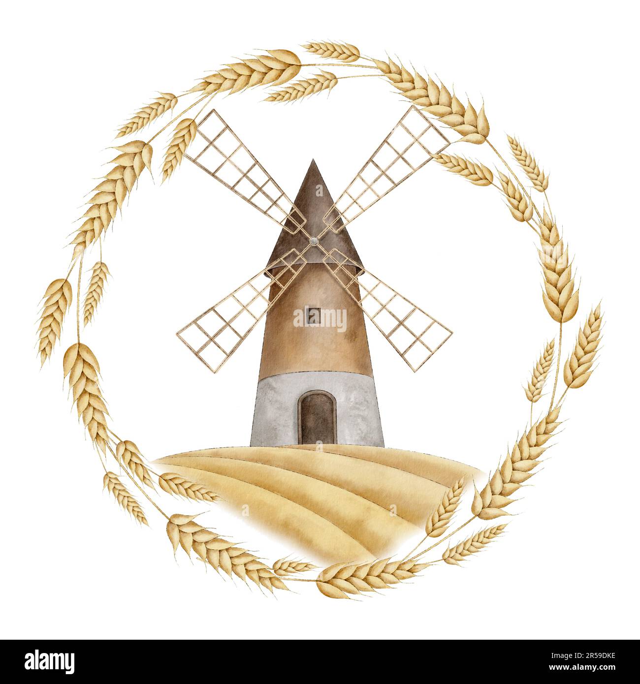 Tour de moulin à vent aquarelle sur champ de blé dans couronne de blé ...