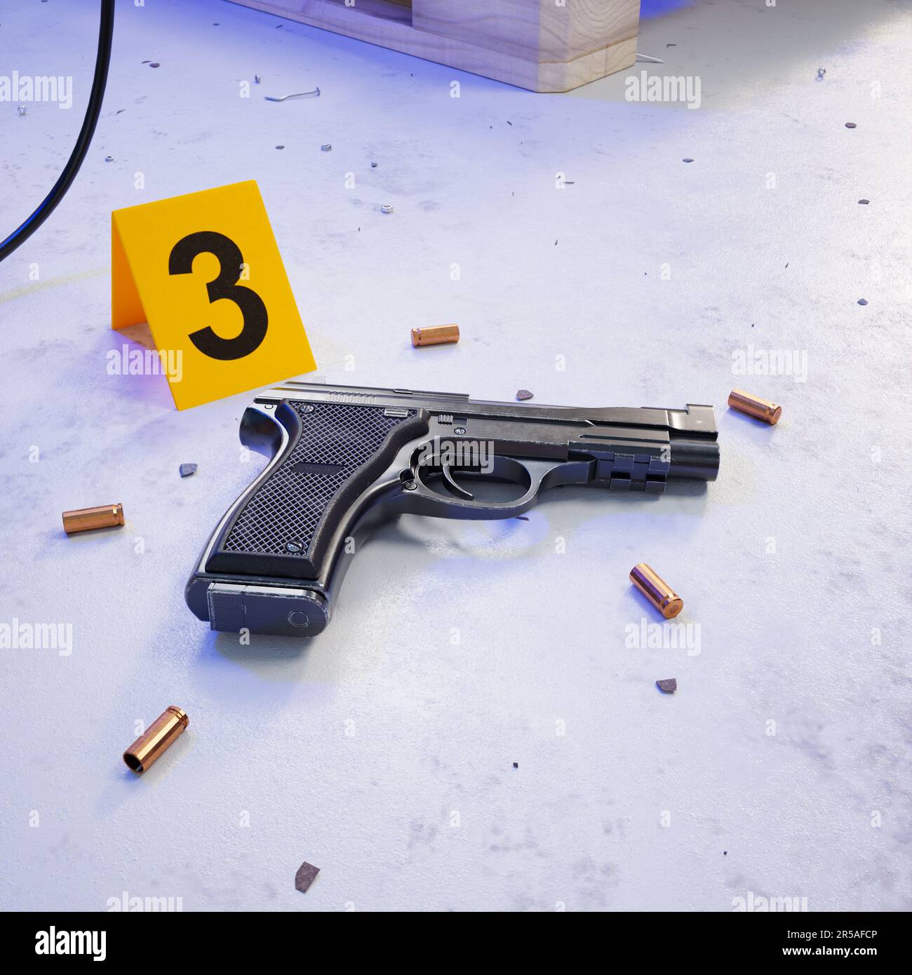 Site de meurtre avec des éléments de preuve du crime. La caméra montre ...