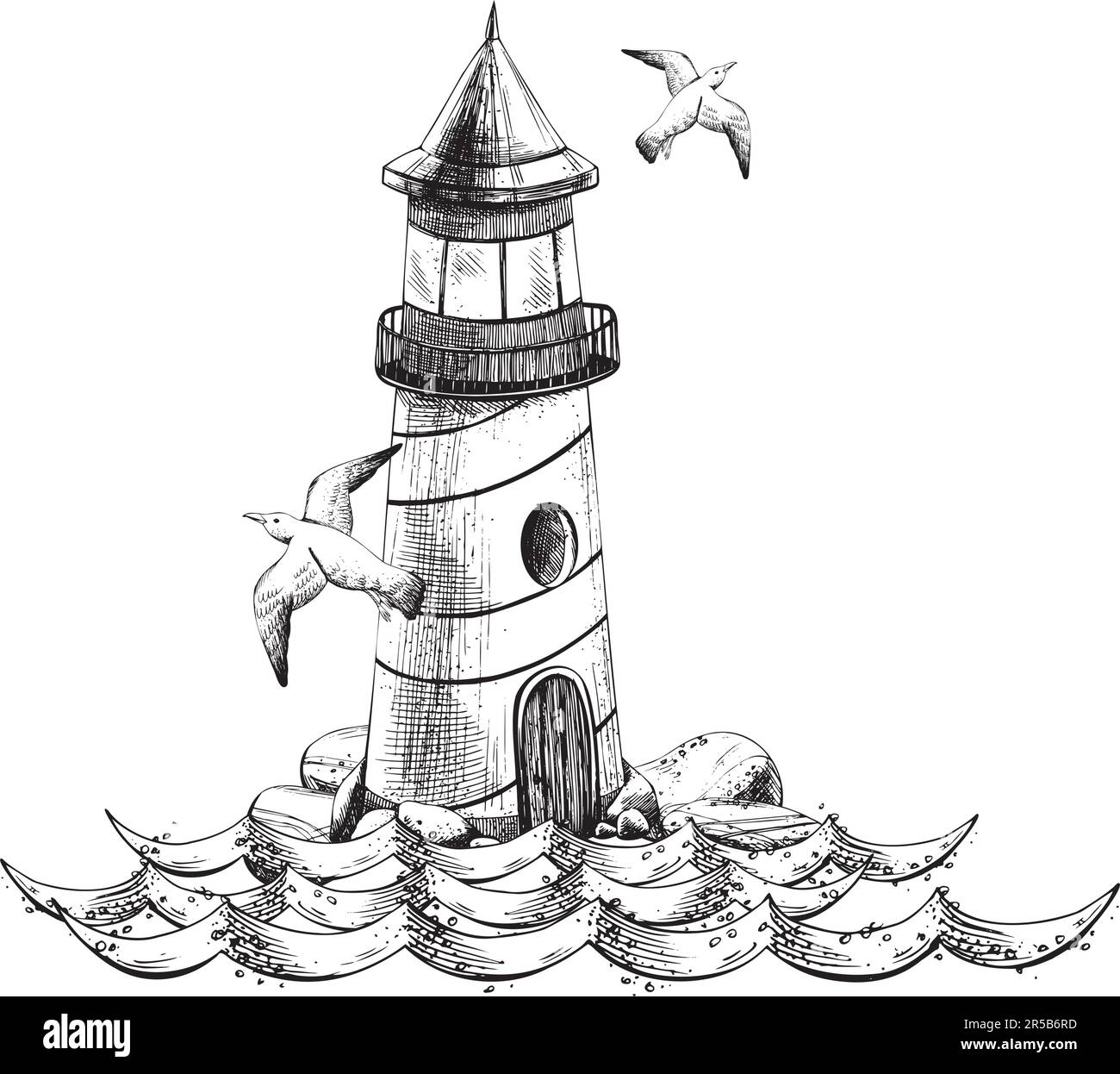 Phare de mer sur des pierres avec des vagues et des mouettes volantes ...