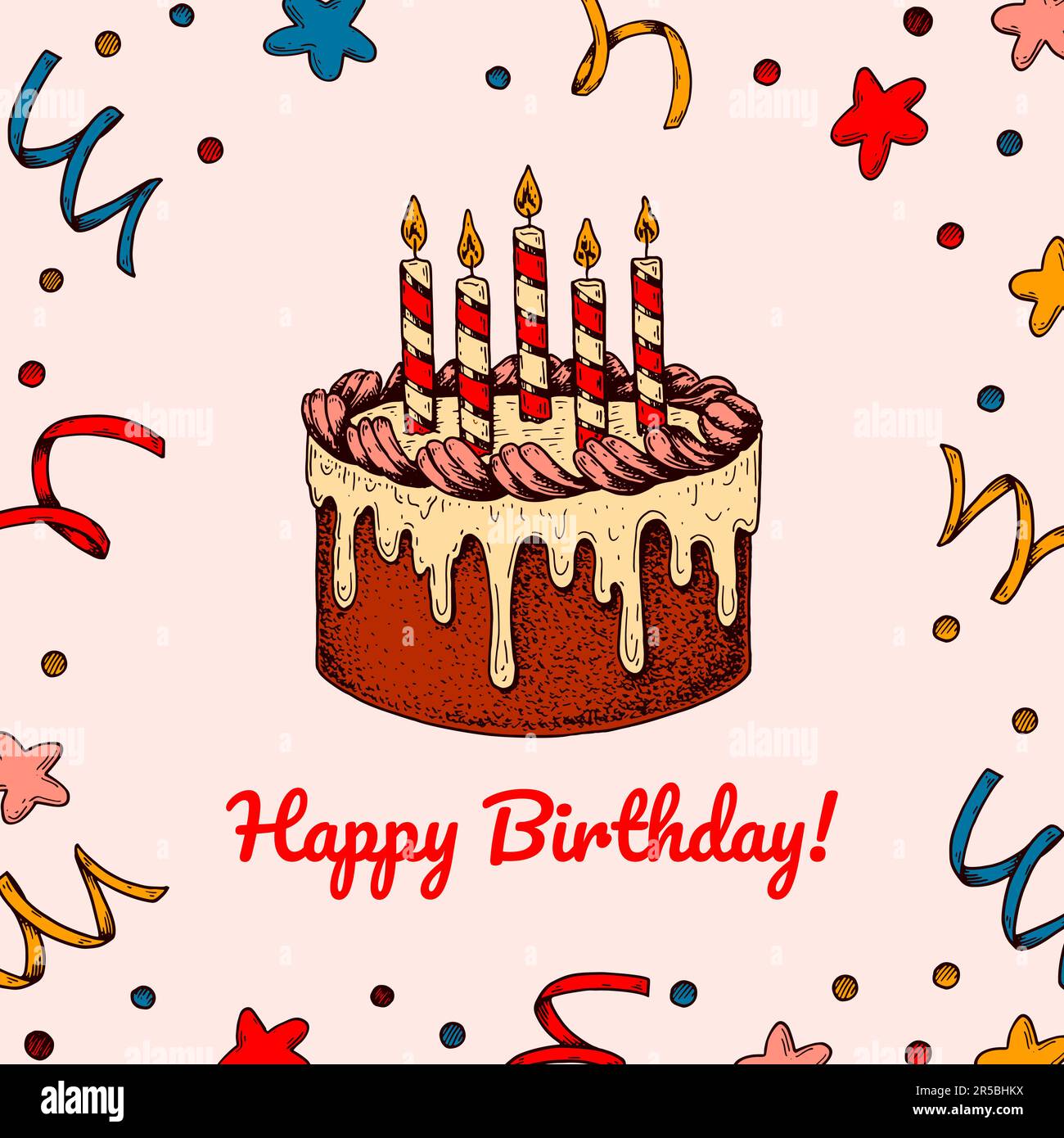 Carte de voeux pour joyeux anniversaire. Dessin à la main. Fond festif ...