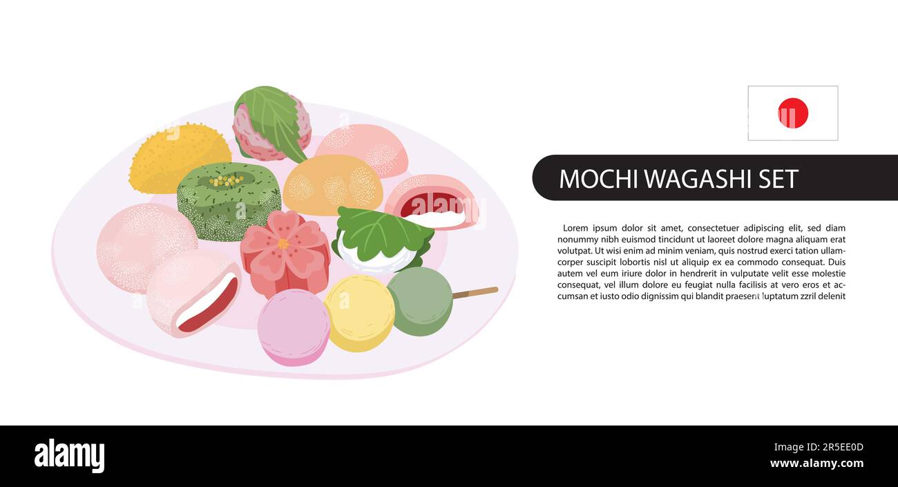Mochi sur l'ensemble de plaques. Gâteaux de riz sucré japonais ...