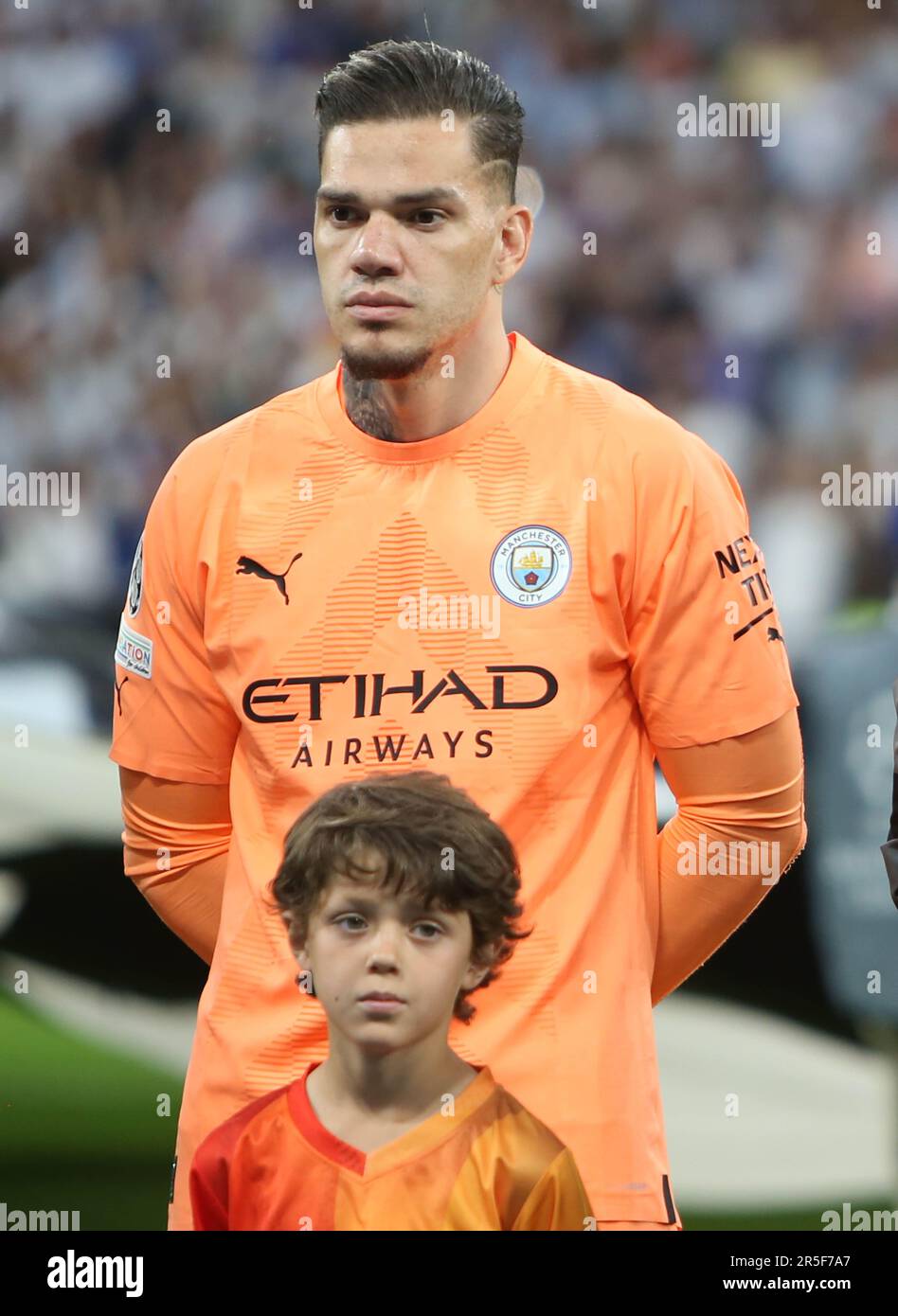 Ederson Moraes de la ville de Manchester lors de la Ligue des champions de l'UEFA, demi-finales ...