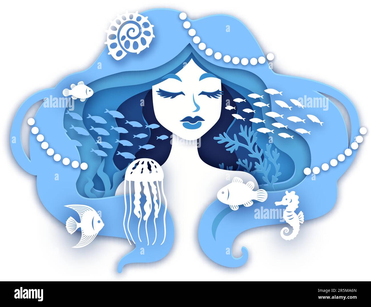 Portrait en papier Mermaid. Belle femme visage avec vague mermaids ...