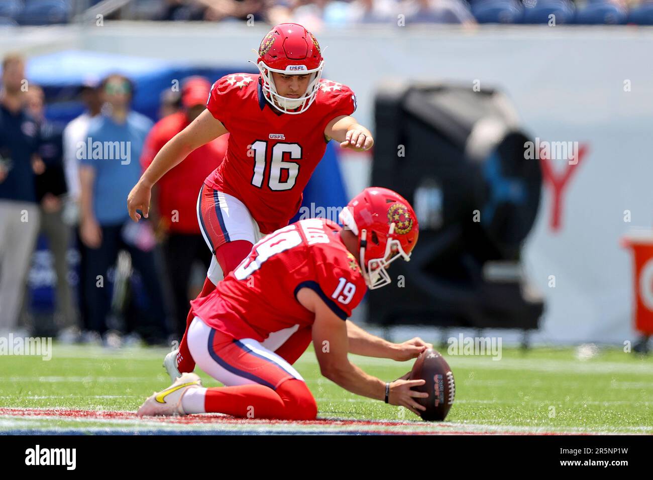 CANTON, OH - JUNE 04: New Jersey Generals kicker Nick Sciba (16) kicks ...