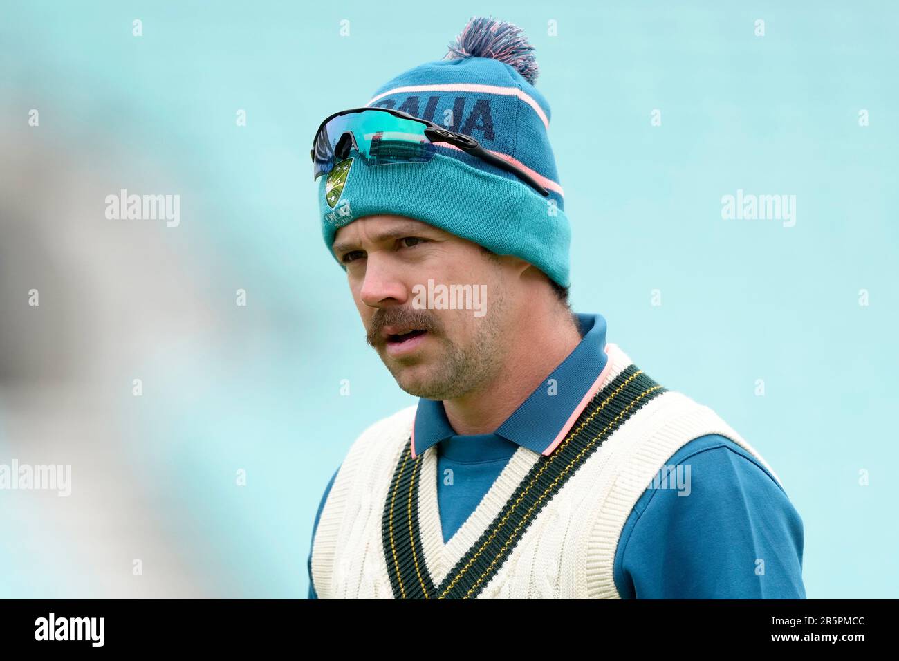 Australia's Travis Head wears a woolly hat during a training session at ...