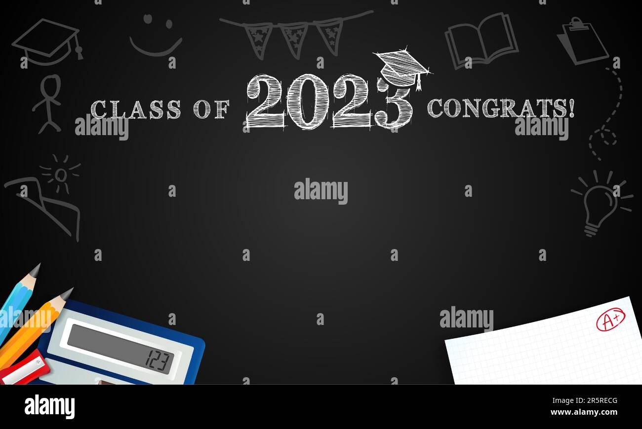 Classe de 2023, Congrats avec crayons et dessin à la craie sur tableau ... Classe de 2023, Congrats avec crayons et dessin à la craie sur tableau ...