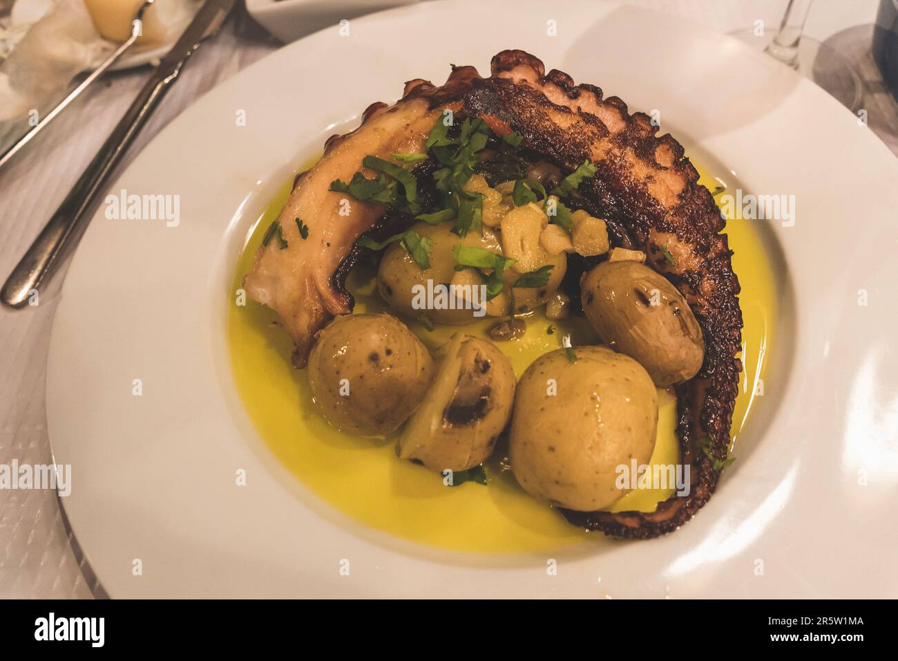 Pieuvre grillée avec pommes de terre cuites au four et huile d'olive ...