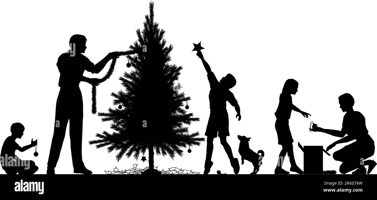 Silhouette vecteur modifiable d'une famille de décorer un arbre de Noël ... Silhouette vecteur modifiable d'une famille de décorer un arbre de Noël ...