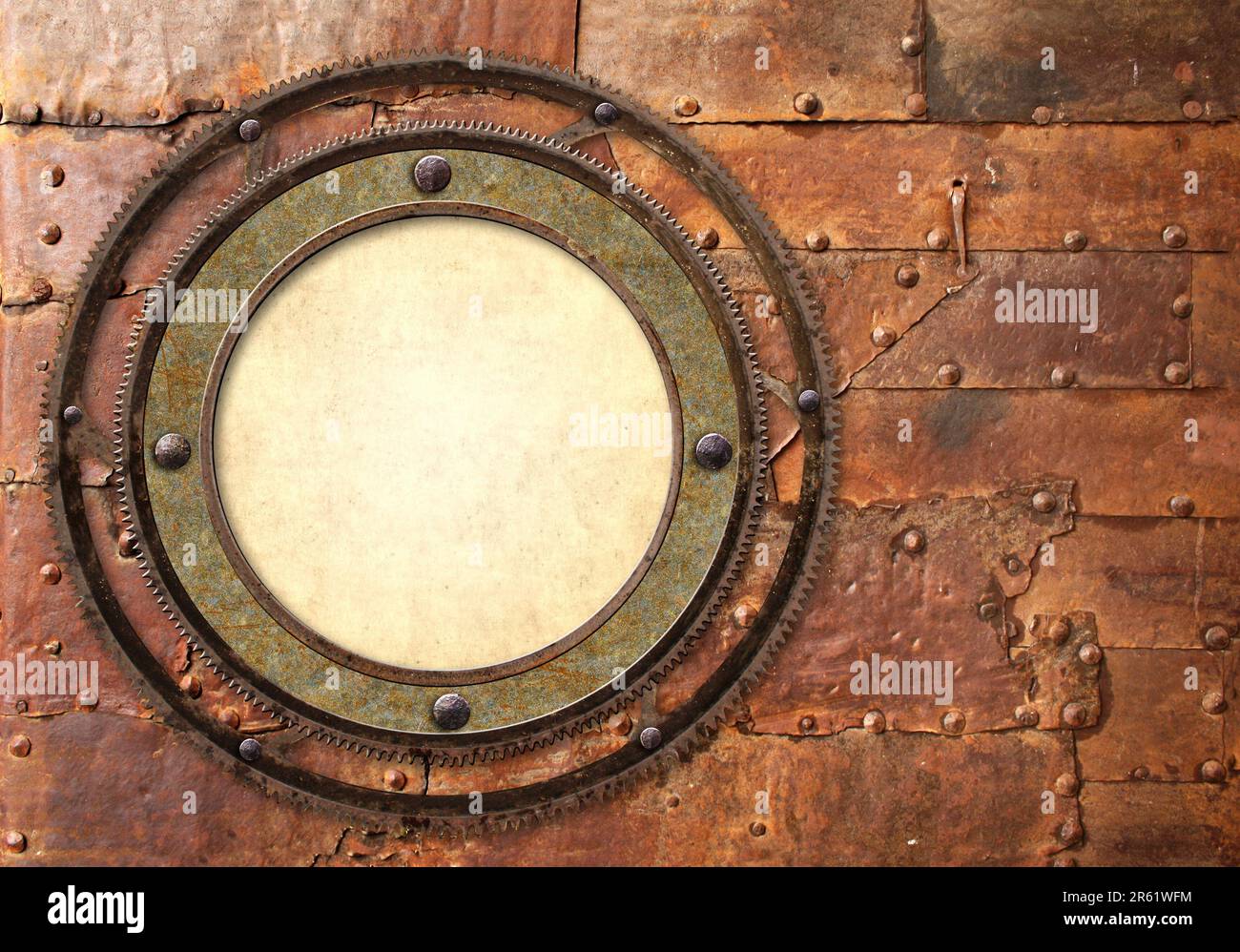 Cadre rond métallique à fond horizontal avec engrenages de machine ...