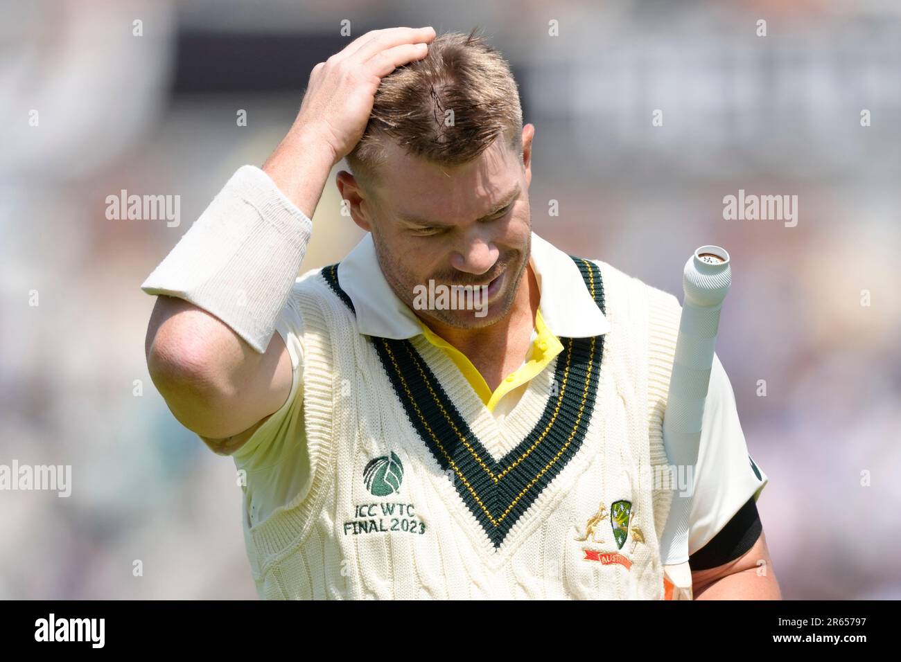 Australia's David Warner reacts as he walks off the pitch after being given out caught behind ...