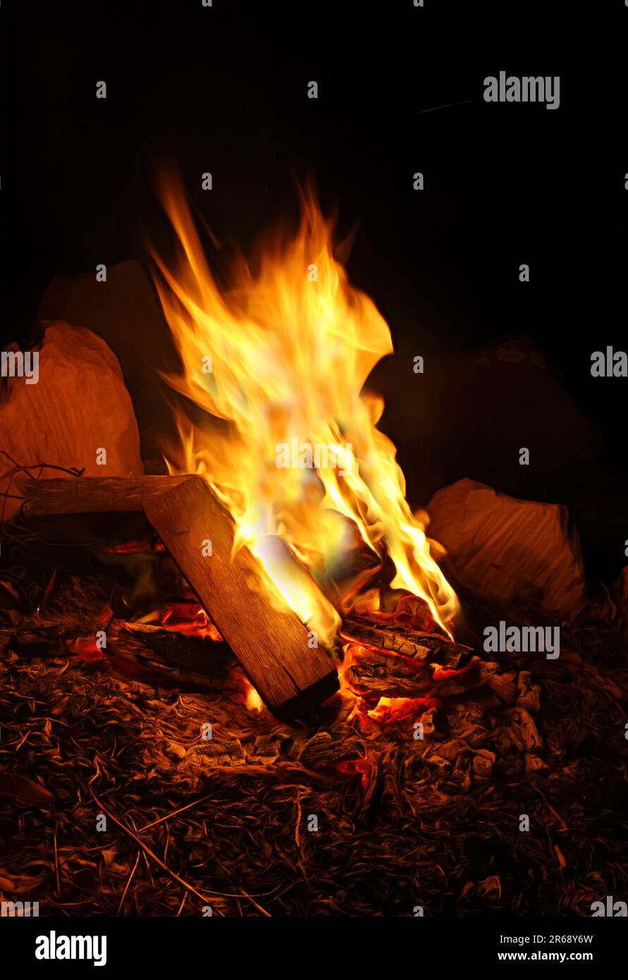 Feu, flammes, foyer extérieur la nuit, tir de longue exposition pour ...