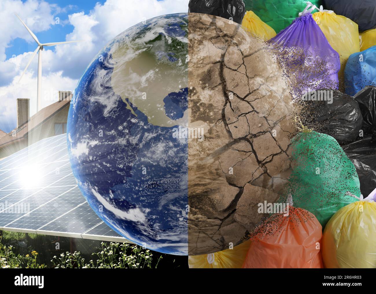 Pollution de l'environnement. Collage divisé en Terre propre et ...