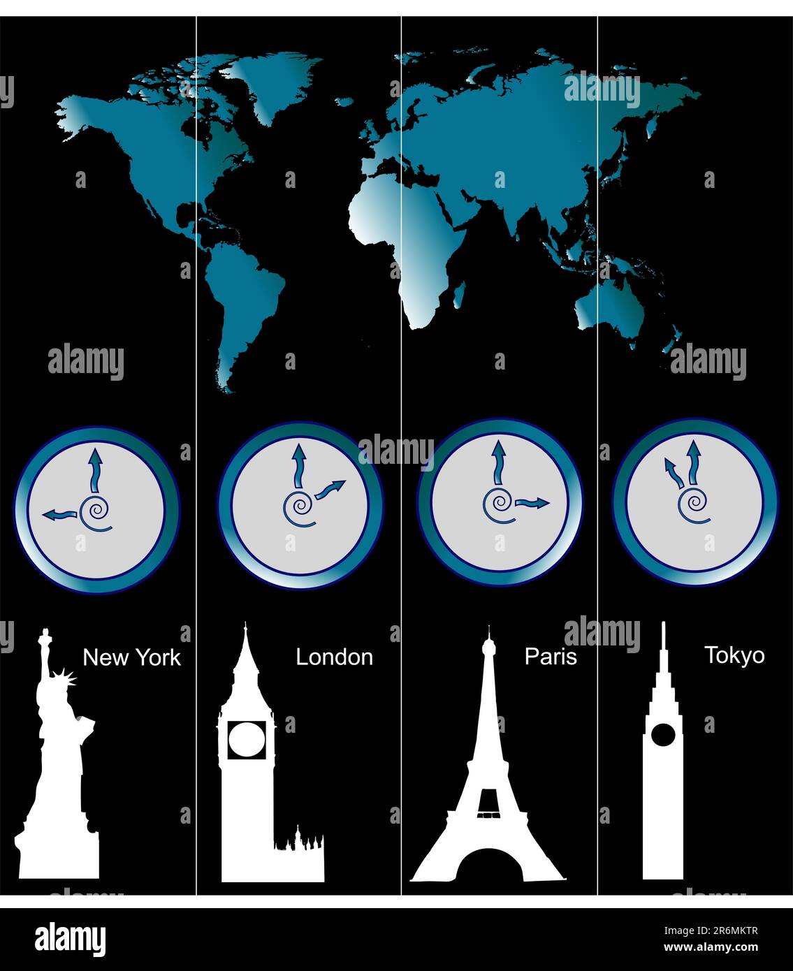 Image vectorielle d'une carte du monde avec des horloges indiquant l ...