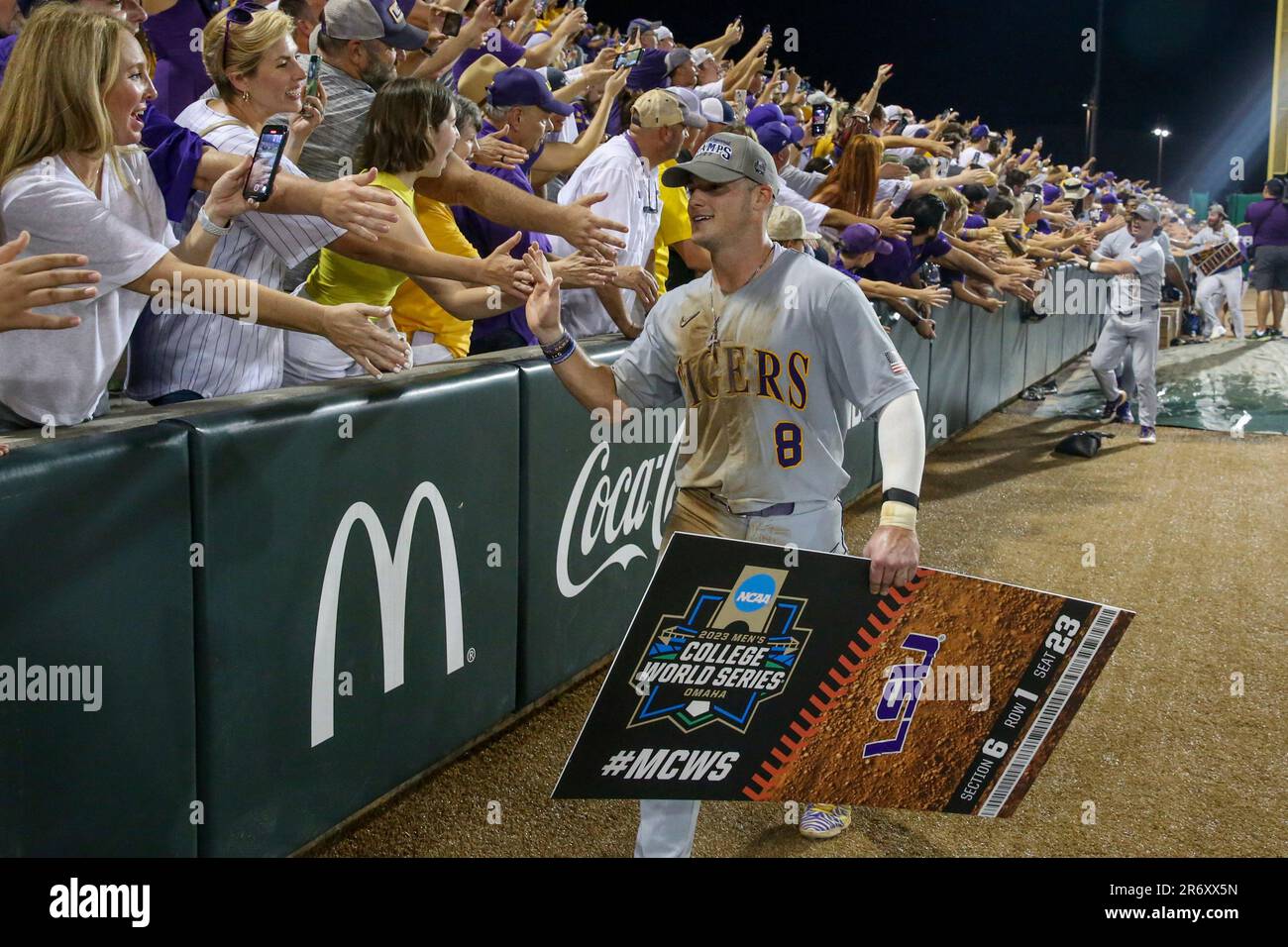 June 11, 2023: LSU's Gavin Dugas (8) shakes fans hands after the win ...