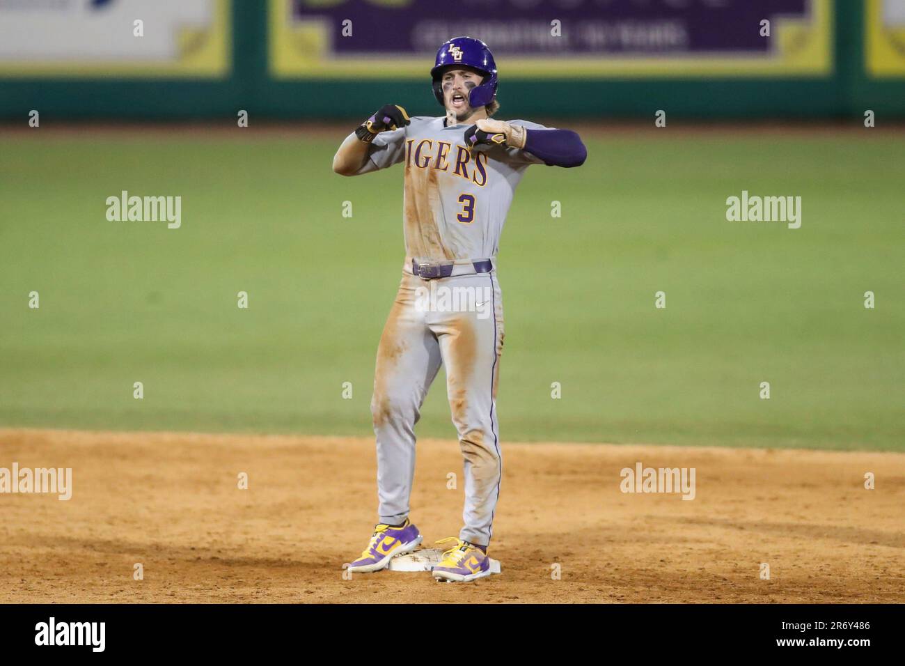 June 11, 2023: LSU's Dylan Crews (3) celebrates at second base after ...