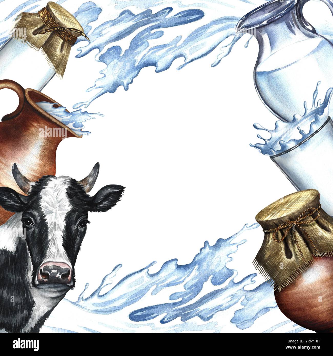 Produits laitiers et de vache en céramique et en verre. Cadre pour ...