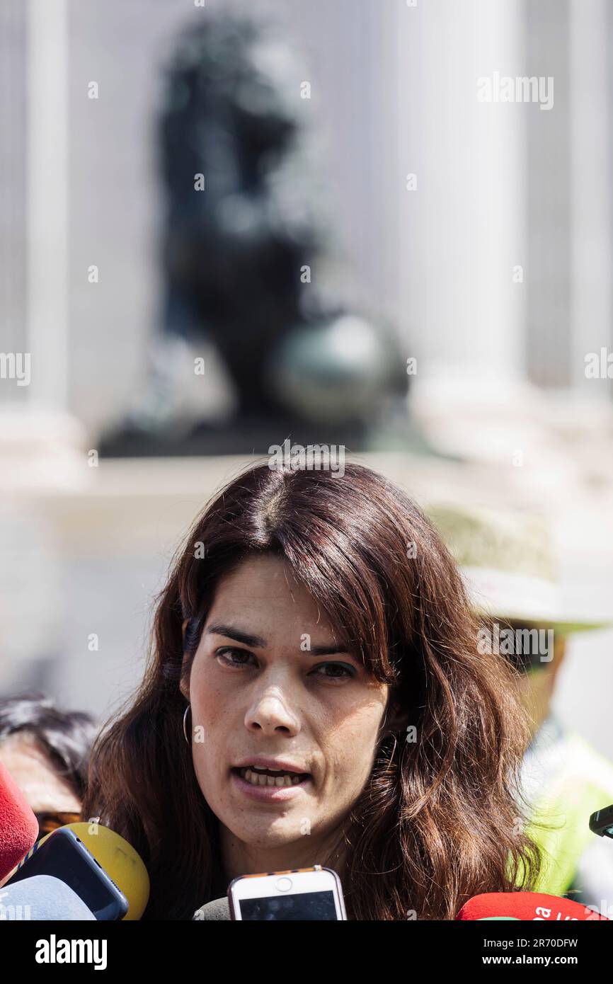 Podemos spokesperson, Isa Serra, offers statements to the media, in ...