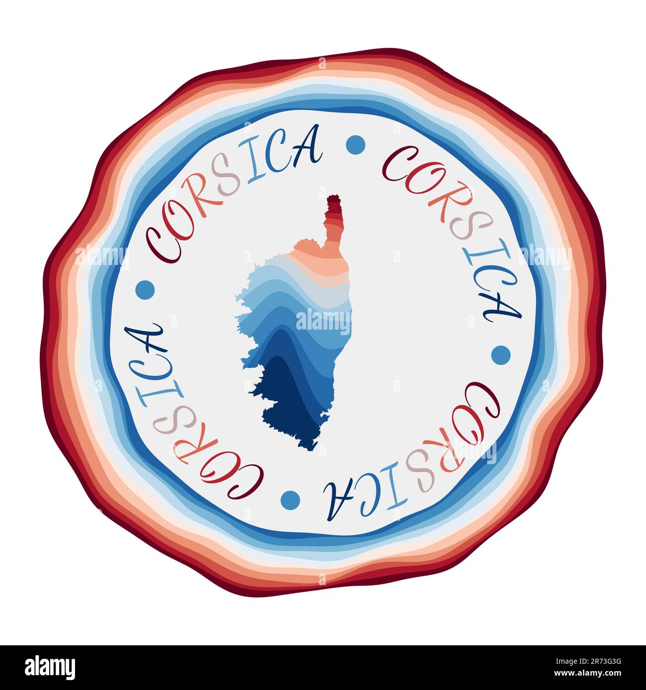 Badge Corse. Carte de l'île avec de belles vagues géométriques et un cadre rouge bleu vif. Logo ...