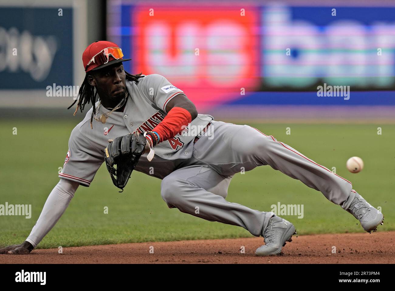 Cincinnati Reds third baseman Elly De La Cruz catches a ground out hit by Kansas City Royals ...