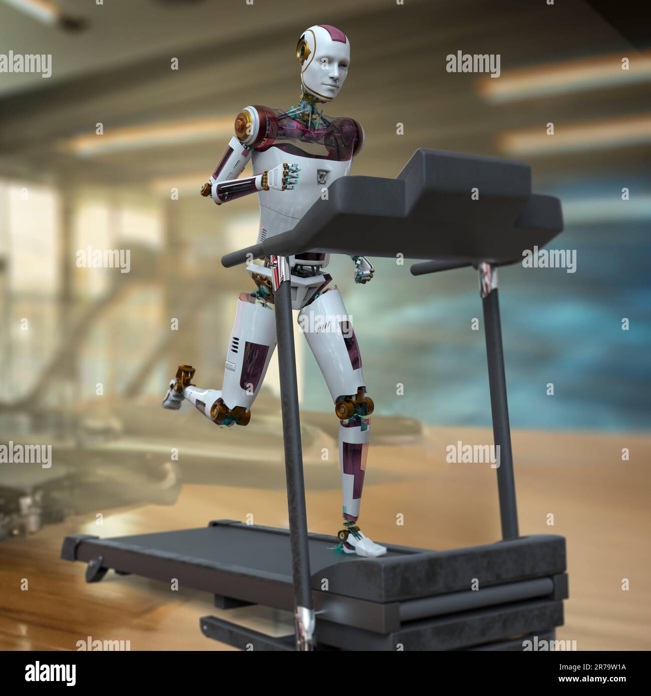Robot humanoïde tournant sur un tapis roulant dans une salle de gym, 3D ...