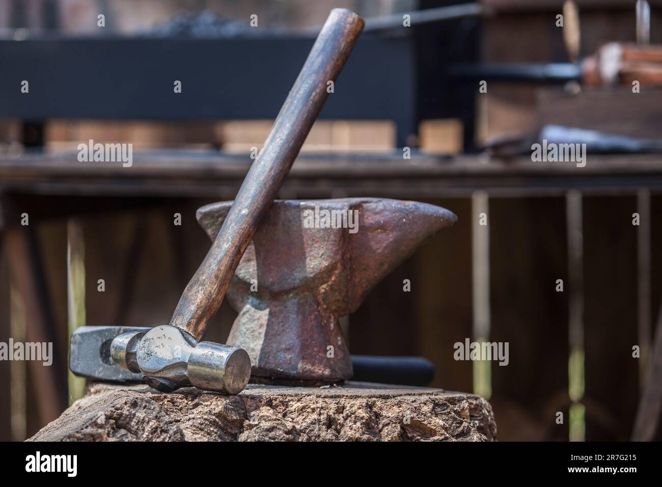 Enclume, marteau et mace sont exposés sur une souche de chêne-liège ...