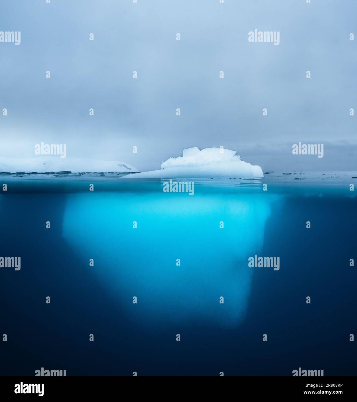 Vue fractionnée d'un iceberg montrant au-dessus et en dessous de la ...