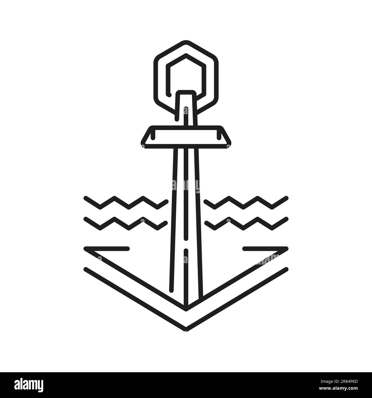 Icône d'ancre de navire et de ligne de vagues d'eau. Icône de ligne ...