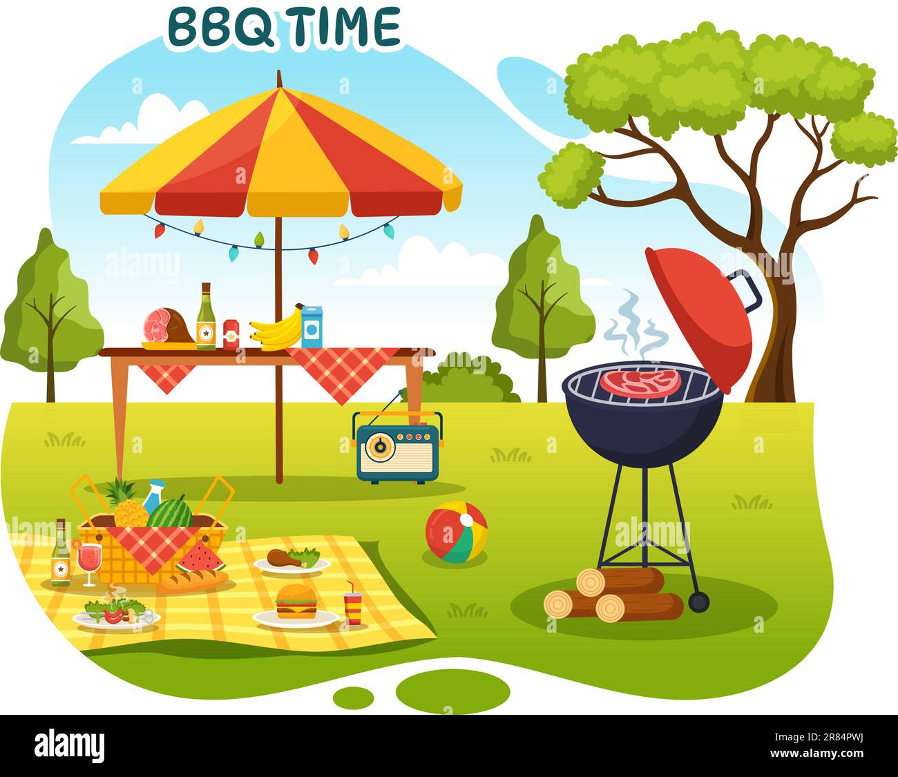 Ensemble barbecue et grill Vector Illustration personnes griller ou BBQ Party Food at Park in ...