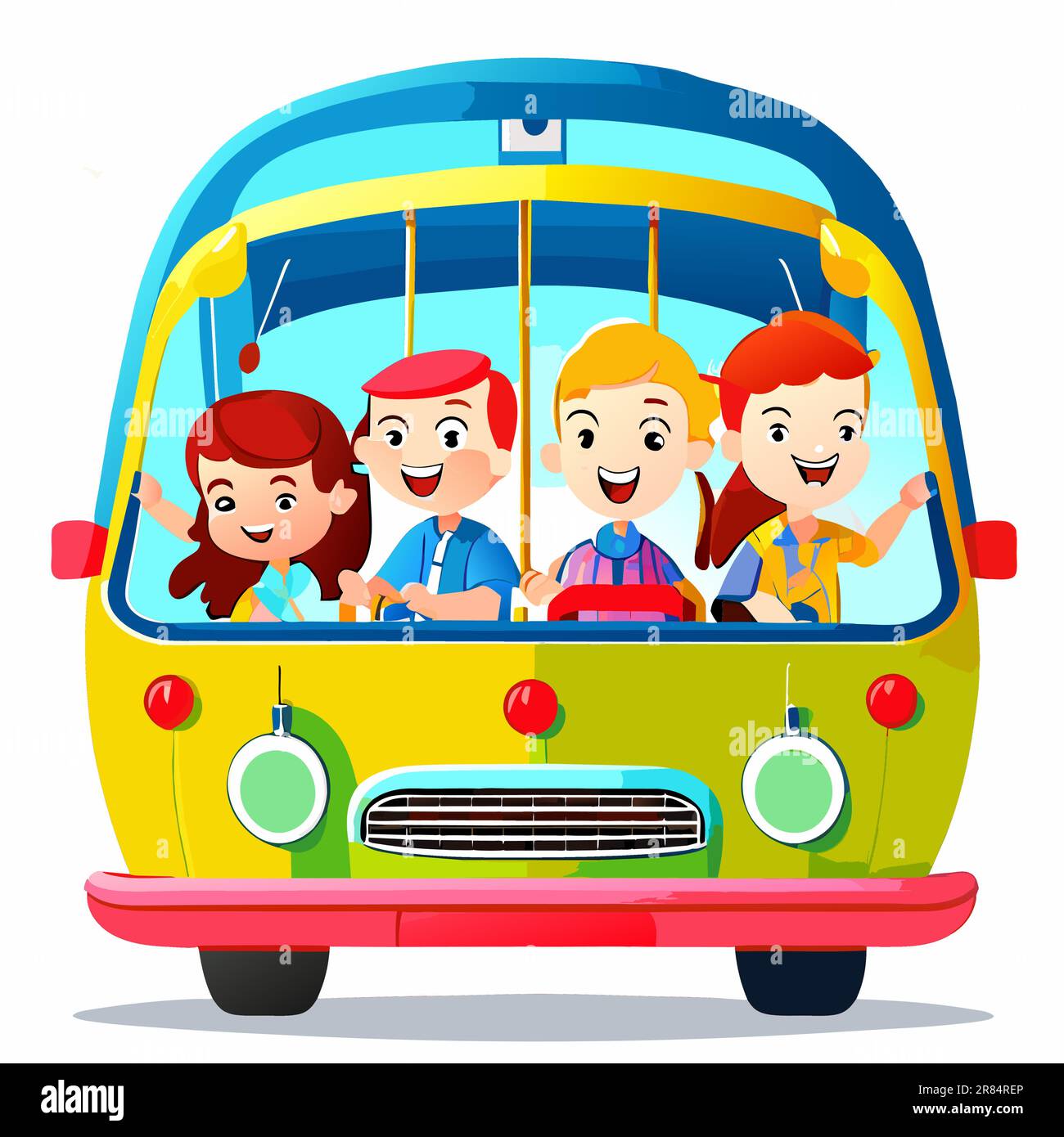 Des enfants souriants qui voyagent dans un autobus scolaire avec un ...