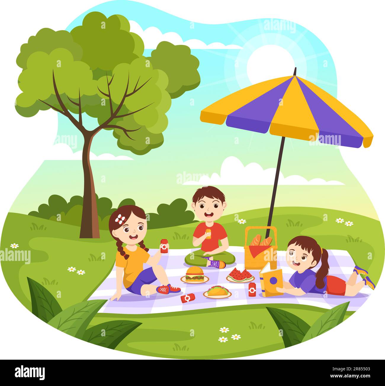 Pique-nique extérieur Vector Illustration des enfants assis sur une ...