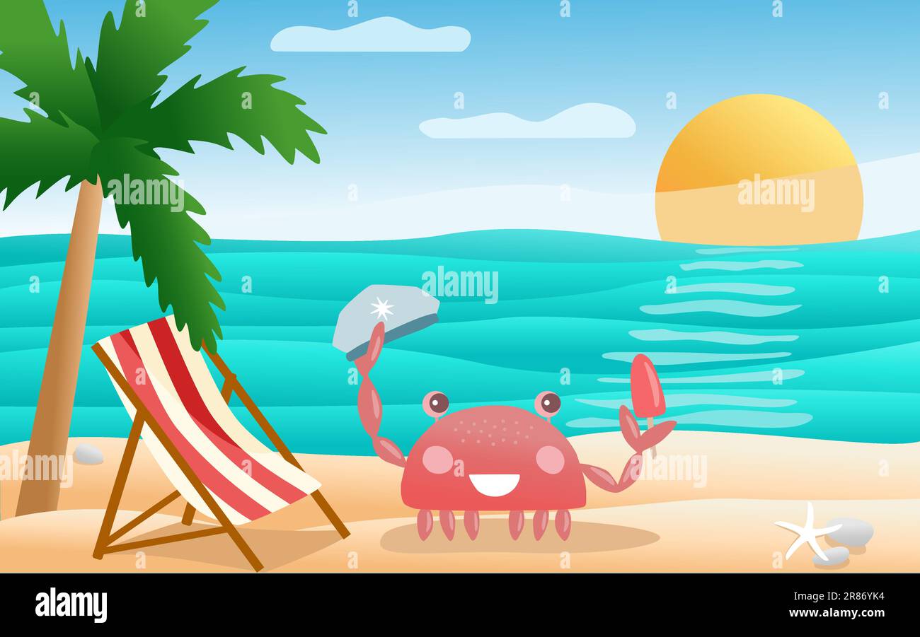 Vue panoramique sur la plage tropicale avec un joli personnage de crabe ...