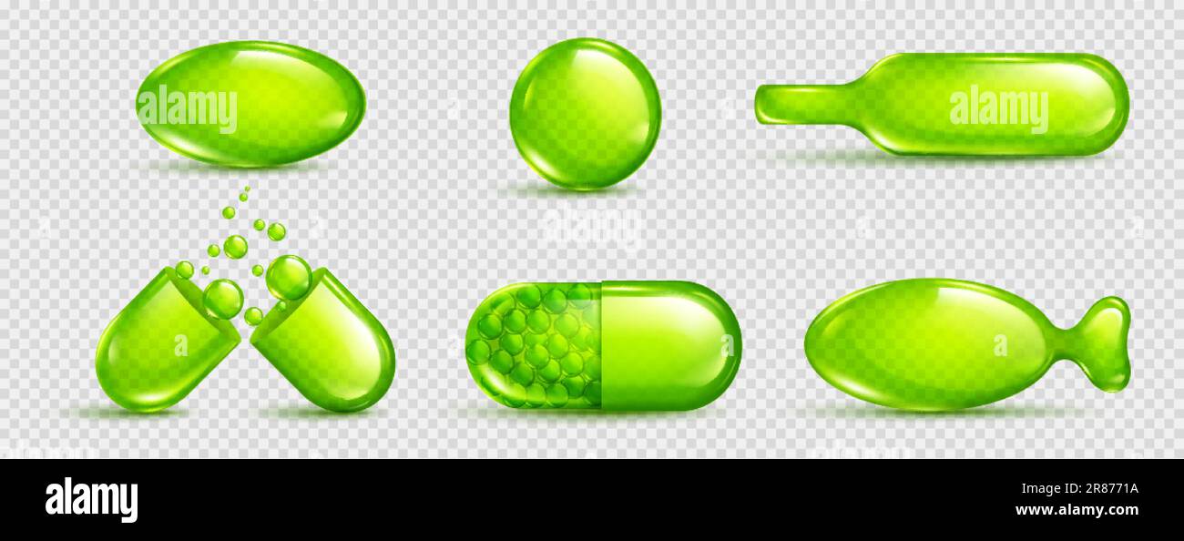 Pilules de vitamine, capsules avec huile, médicaments liquides, gel ou ...
