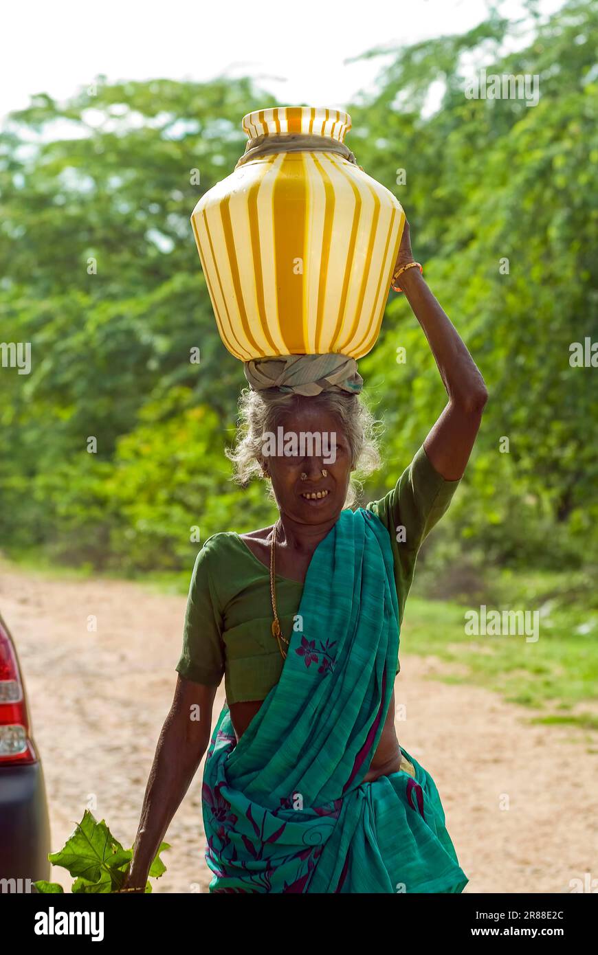 Une vieille femme de village tenant un pot d'eau sur sa tête, Tamil ...