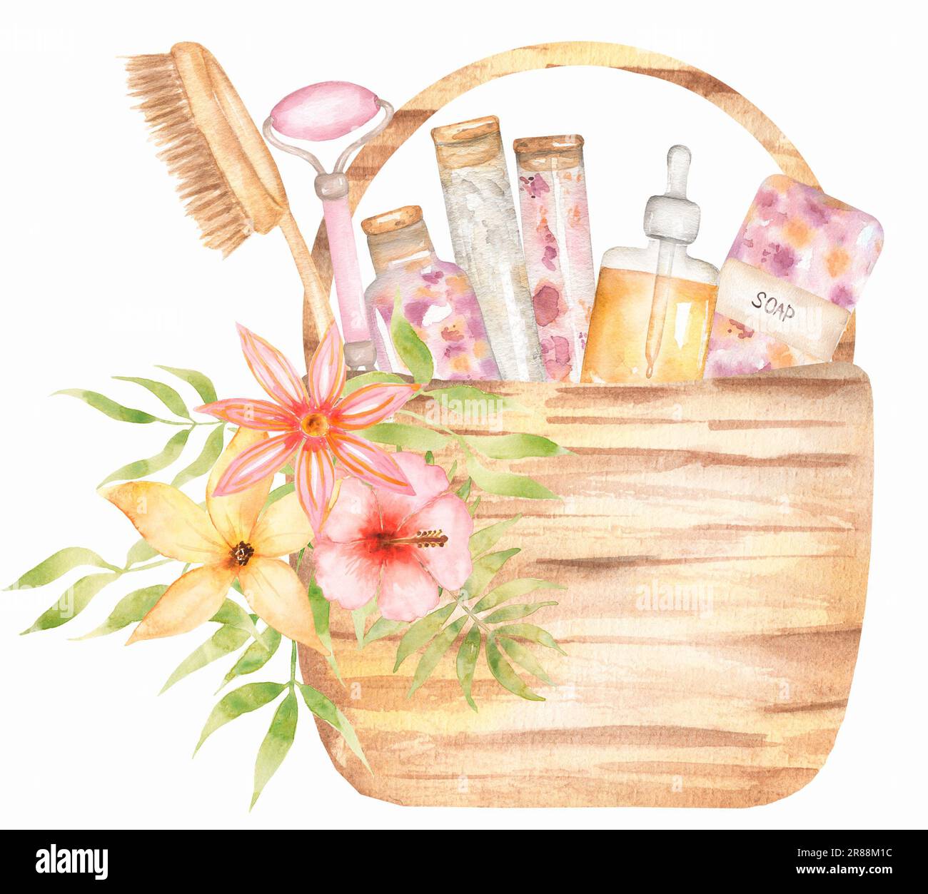 Panier en osier avec produits de soins de santé aquarelle illustration ...