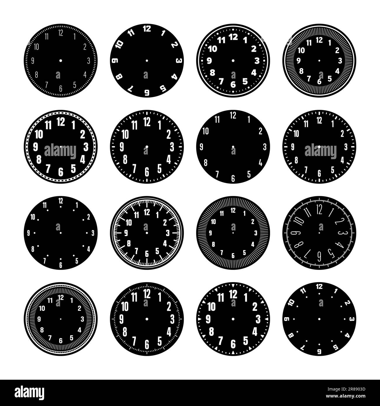 Cadrans d'horloge mécaniques, cadran de montre avec chiffres, cadre. Elément de minuterie ou de ...