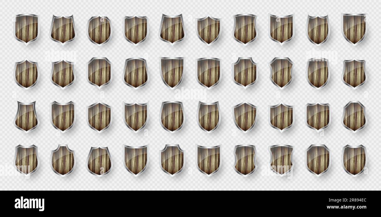 Jeu d'icônes en bois de bouclier vintage. Blindages héraldiques noirs ...