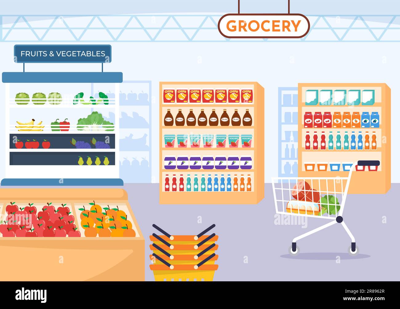 Illustration du scénario d'achat d'un magasin d'alimentation avec assortiment d'articles et de ...