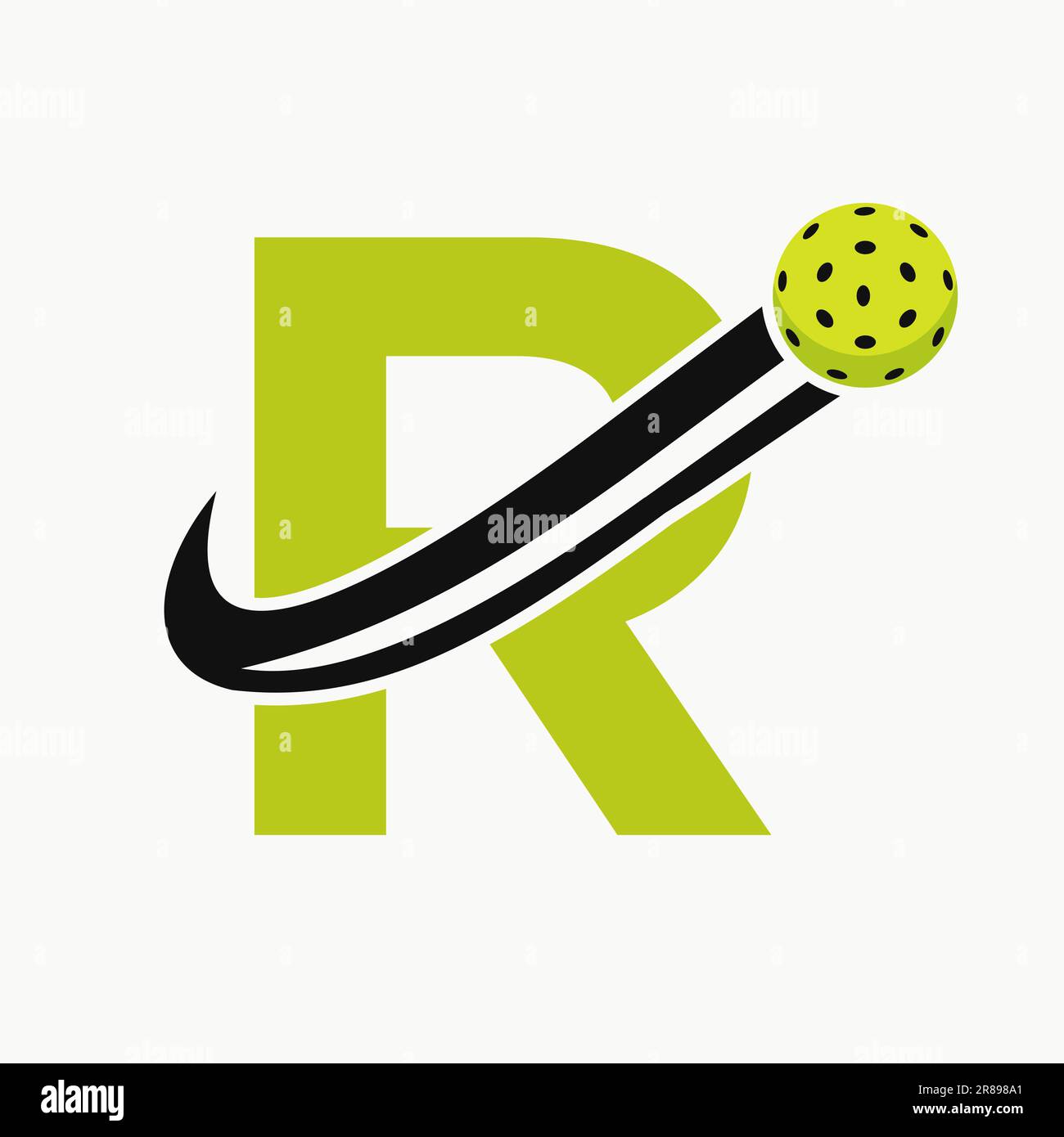 Concept de logo de balle de pickleball lettre R avec symbole de boule ...