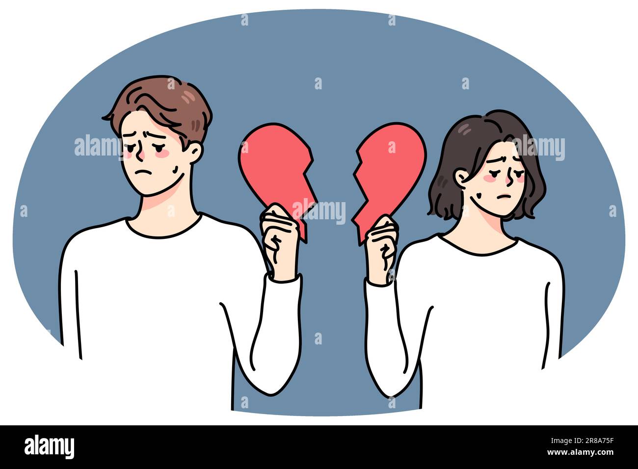 Un couple malheureux tenant des morceaux de coeur brisé souffrent de rupture ou de divorce ...