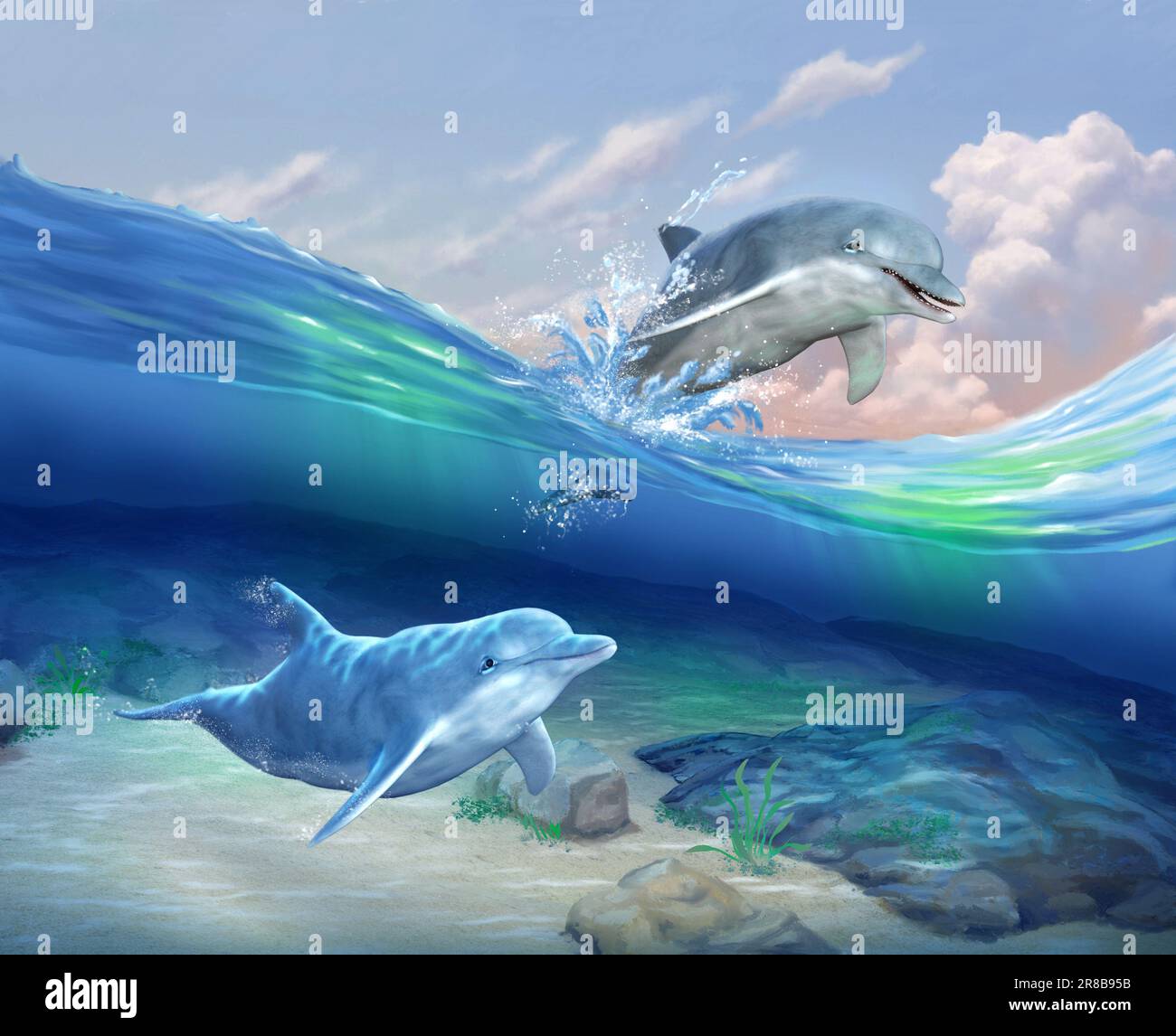 Les dauphins gracieux glissent dans l'océan étincelant, tandis que l'on ...